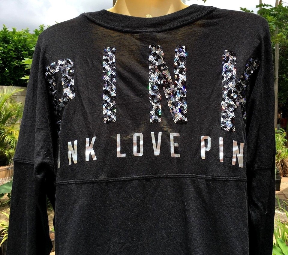 NWT VICTORIA SECRET VS PINK Black Silver Sequin Bling Varsity Crew Top ...