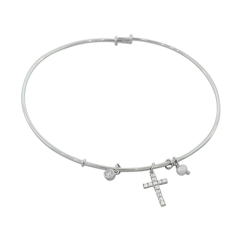 .925 Sterling Silver Latin Cross Religious Pearl Crystals CZ Bangle ...