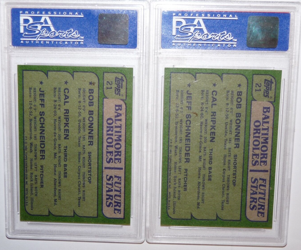 1982 TOPPS #21 CAL RIPKEN JR. ROOKIE CARD RC, ORIOLES, PSA 9 & 8 MINT ...