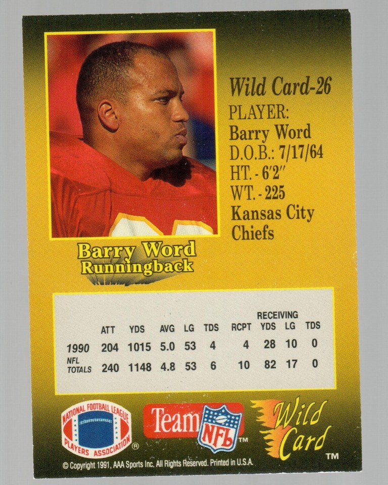 1991 Wild Card Barry Word - #26 - Kansas City Chiefs | eBay