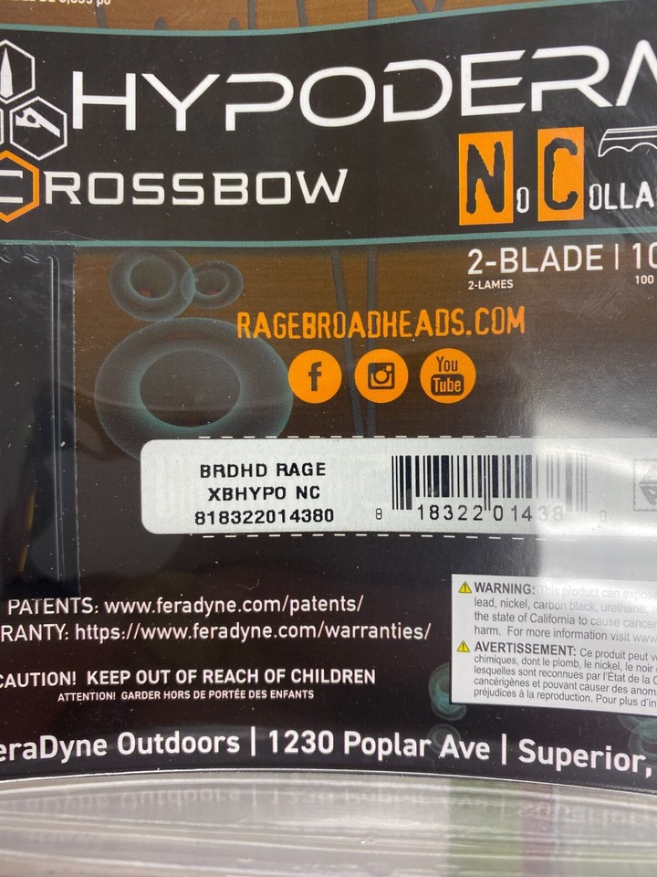 Rage Hypodermic Crossbow NC 100 Grain Broadheads | eBay