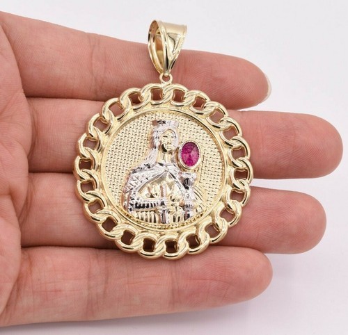 2 1/2" Saint Barbara Medallion Miami Cuban Pendant Ruby Real 10K Yellow ...
