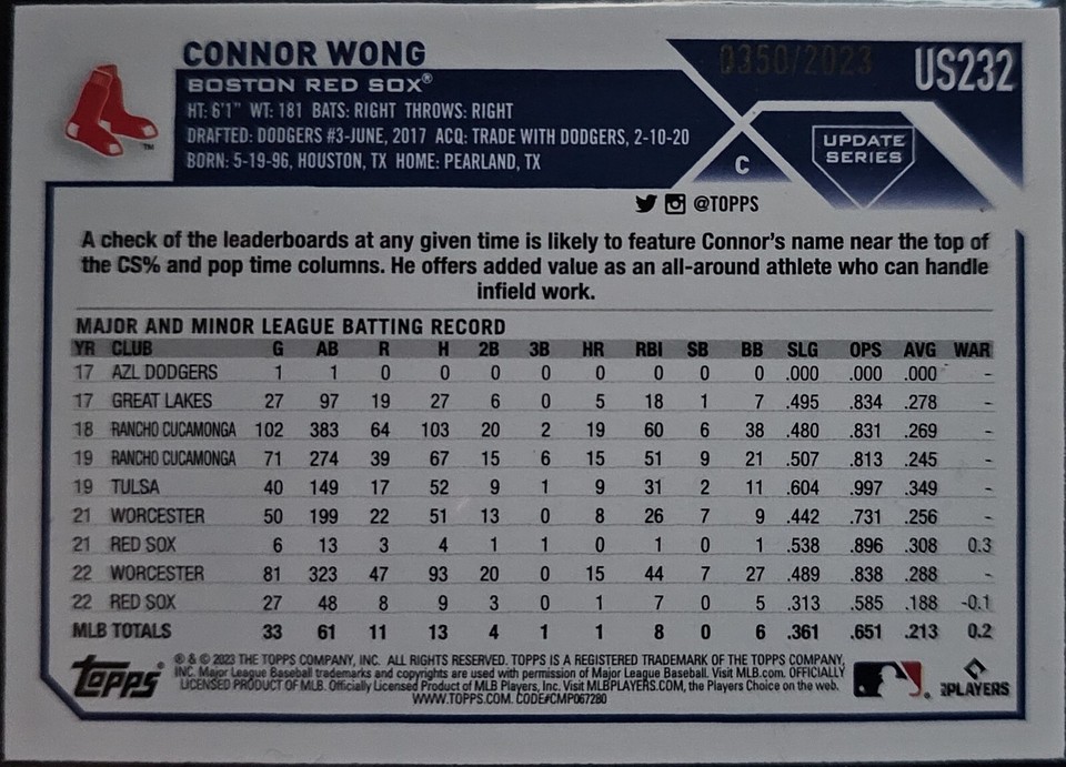 2023 Topps Update - Connor Wong /2023 Gold - Boston Red Sox | eBay
