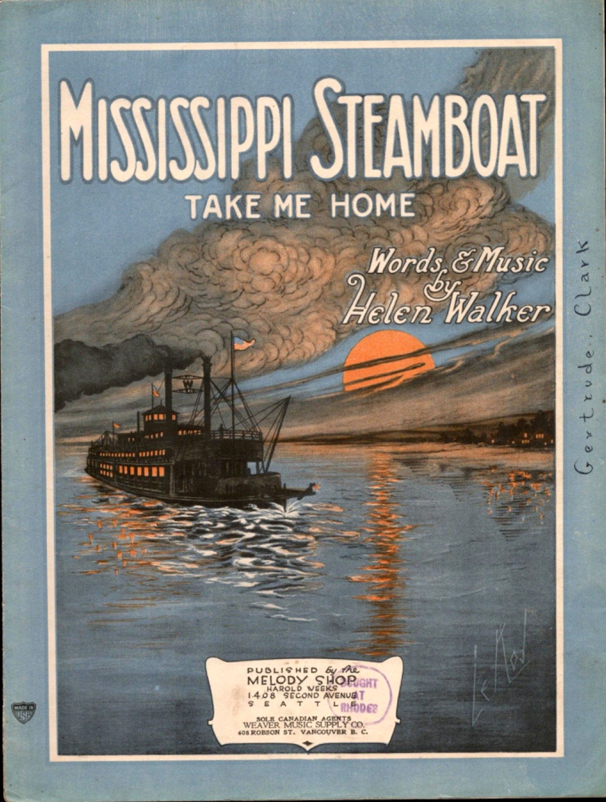 1922 MISSISSIPPI STEAMBOAT antique Jazz sheet music HELEN WALKER ...