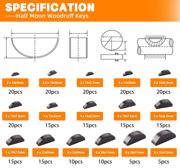 530Pcs Woodruff Key Assortment Kit | 37 Sizes Half Moon & Feather Keys ...