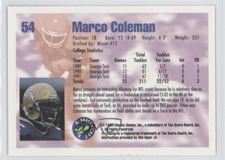 1992 Classic Draft Picks Marco Coleman #54 Rookie RC | eBay