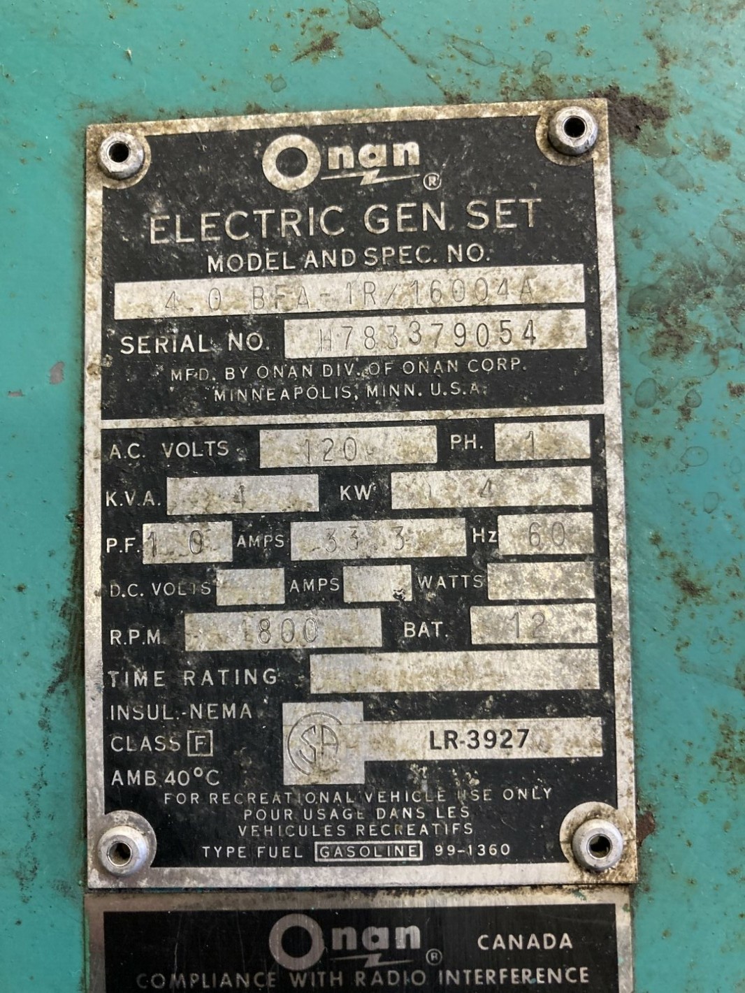 Onan Electric Gen Set Generator 4kVa 33.3A 60Hz 1800rpm 1ph, 4.0BFA-1R ...