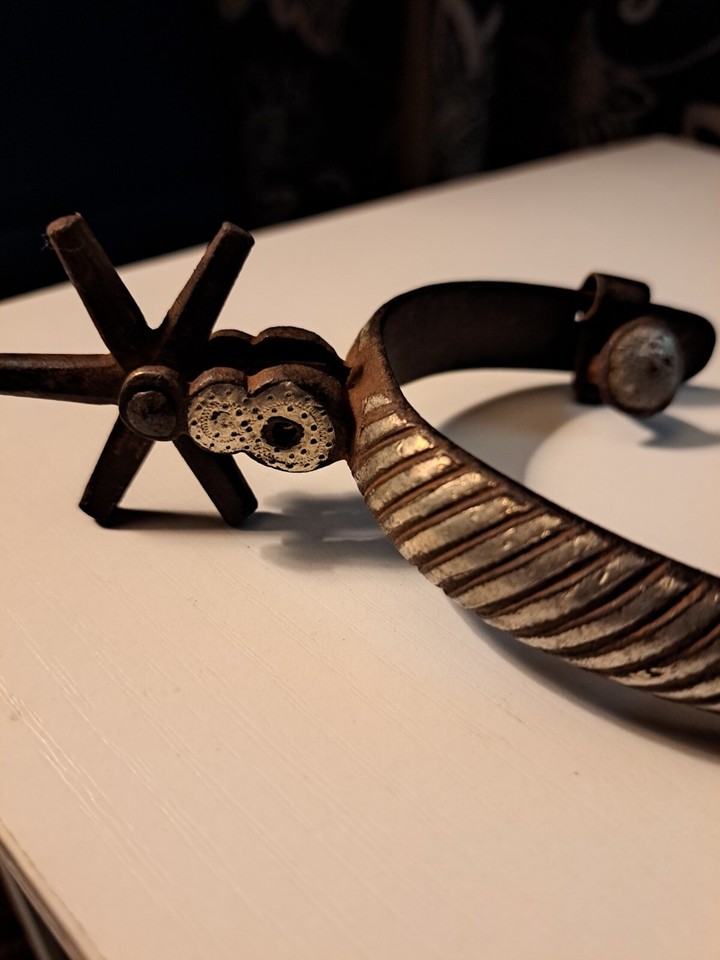 Antique Set Of Cast Iron Boot Spurs Silver Inlay Perfect Condition No ...