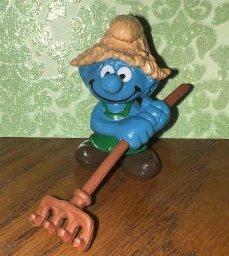 Smurfs Farmer Smurf Garden Rake Straw Hat PVC Figure 1982 Schleich Peyo ...