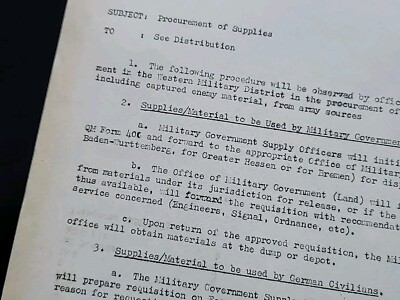 1945 German WWII US Army War Military Document Policy Enemy Supplies ...