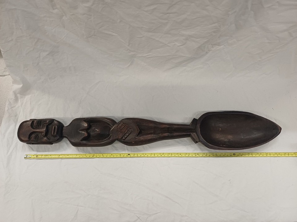 African Hand Carved Wooden Spoon with Figurative Handle Ethnographic ...