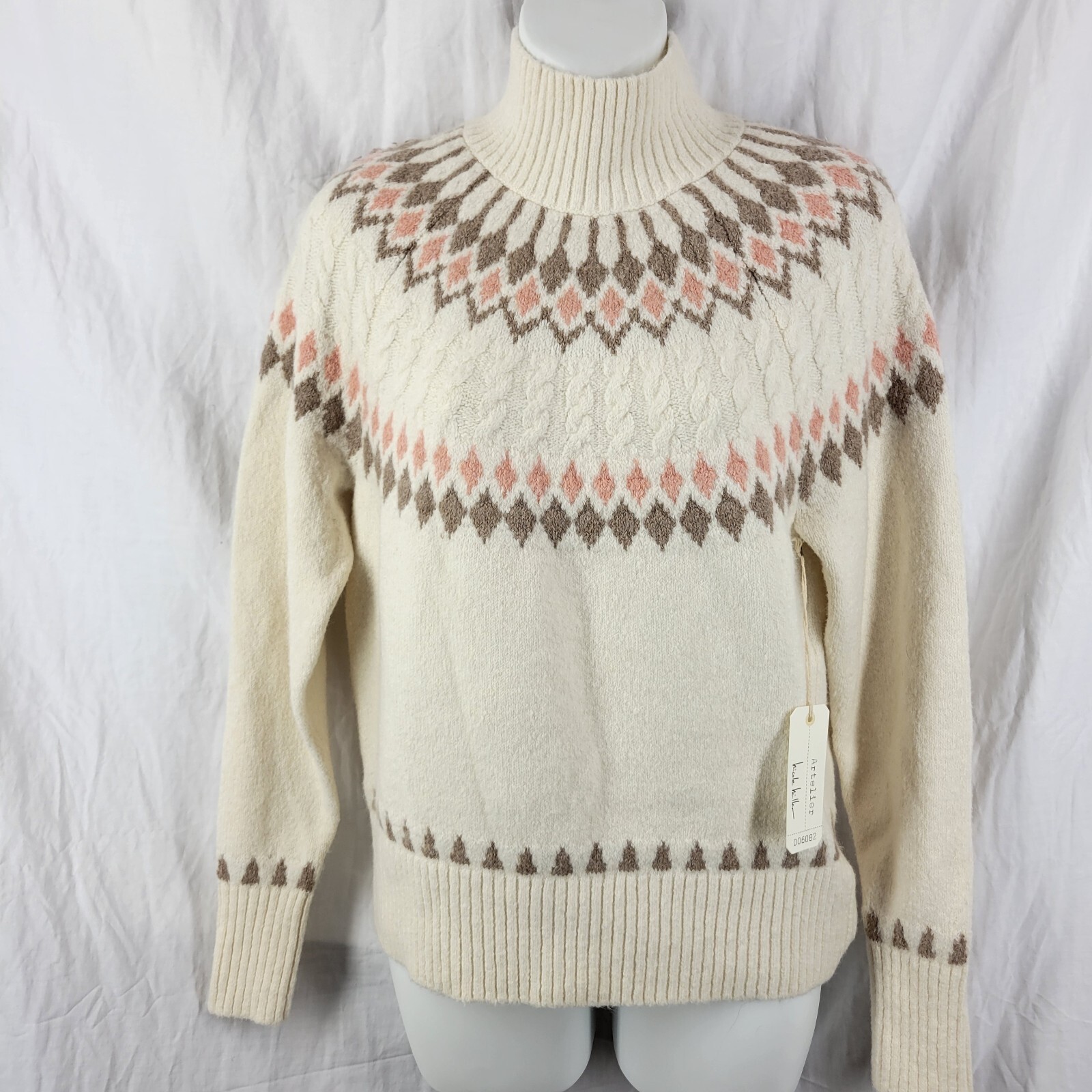 Nicole Miller Artelier sweater Sz XS Women's Cream Fair Isle Mock Neck ...