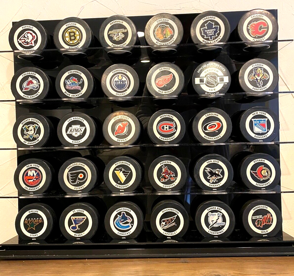 VINTAGE HOCKEY PUCK COLLECTION with ACRYLIC DISPLAY CASE and CONTAINERS ...