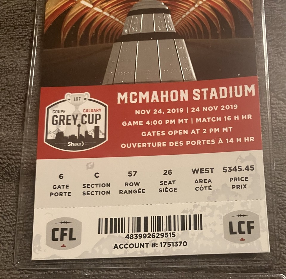 2019 CFL FOOTBALL GREY CUP TICKETS, 107th, LOT OF 4 in CGY HAMILTON vs ...