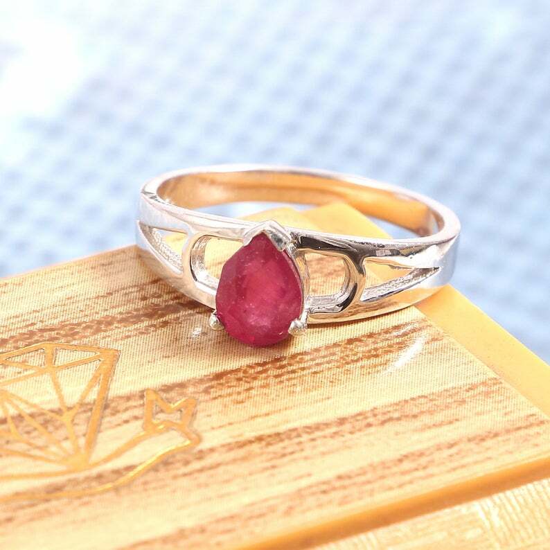 925 Silver Ruby Engagement Ring Ruby Anniversary Gifts 5x7 mm Pear Ruby ...