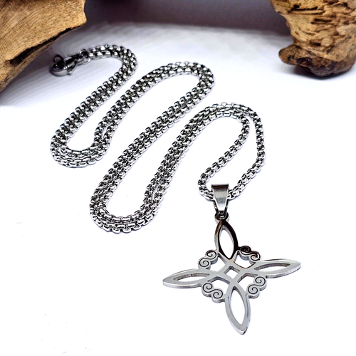 Witches Knot Pendant Necklace Silver Tone Sigil Steel 24" Chain Witchy ...