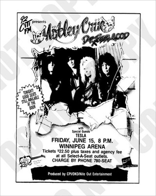1990 Motley Crue Tesla Concert at Winnipeg Arena Newspaper Ad Repro ...