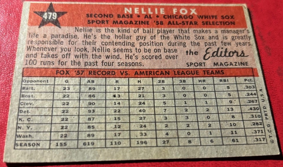 1958 Topps All-Star #479 Nellie Fox Chicago White Sox HOF baseball | eBay