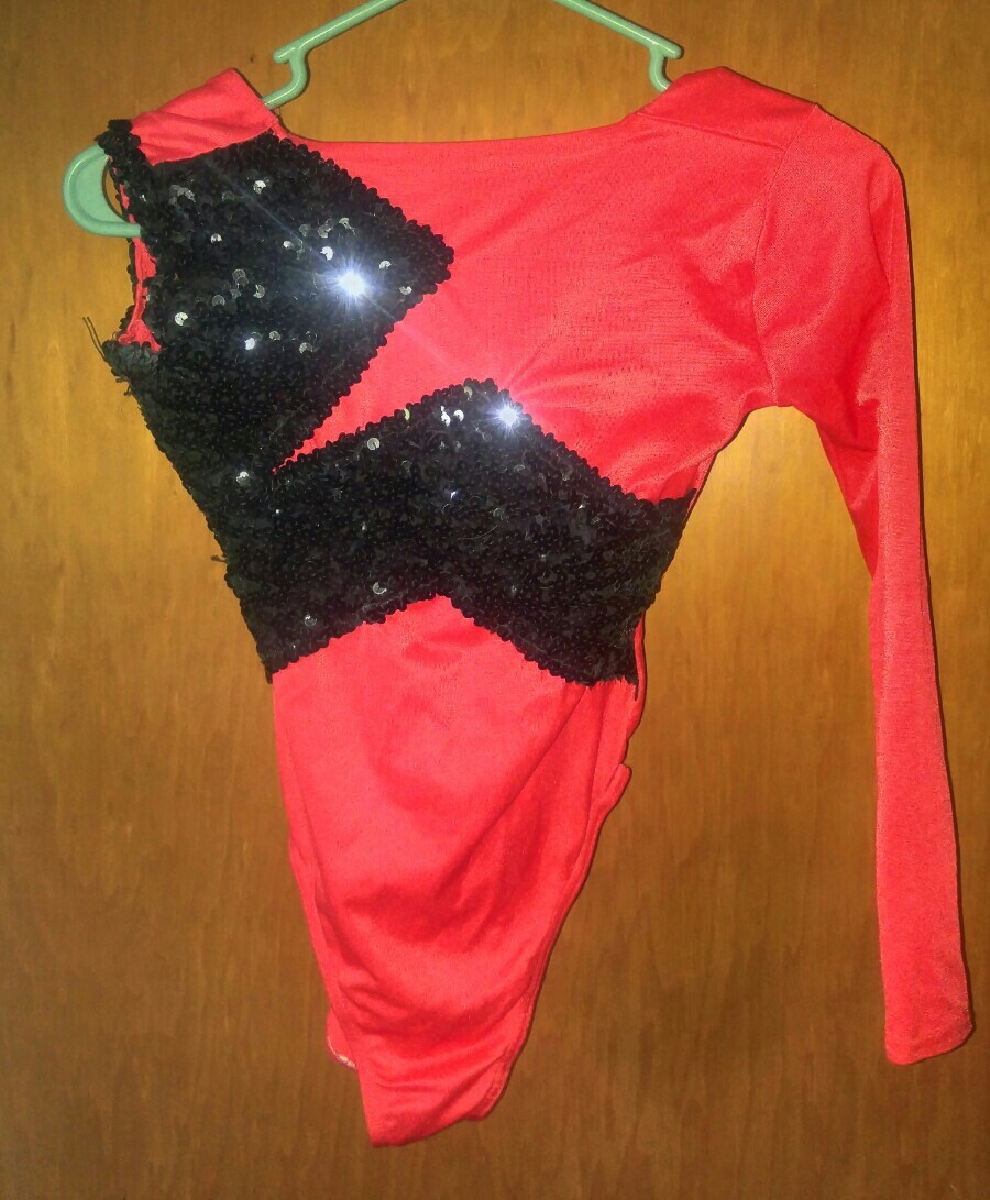 Girls Red Dance Unitard Black Sequin Outfit Long slee… - Gem