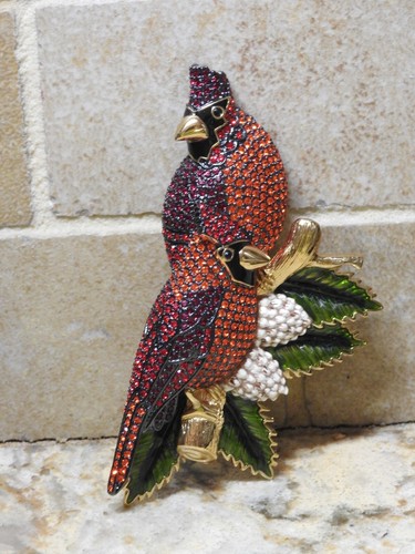 Joan Rivers Pair of Cardinals Birds Brooch Pin Crystal Rhinestones ...