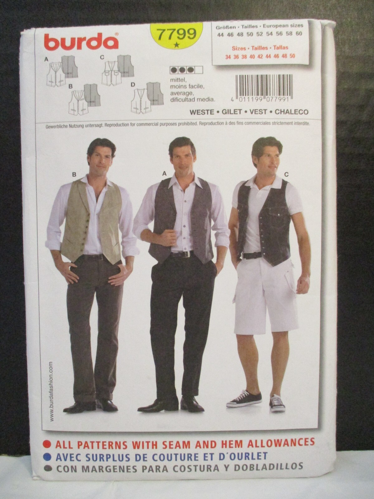 Burda Pattern 7799 Men's Sizes 34"-50" Semi-Fitted Vests Collar ...