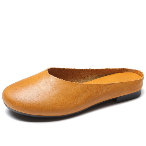 Women Round Toe Slippers Shoes Handmade Real Leather Casual Mule Shoes ...