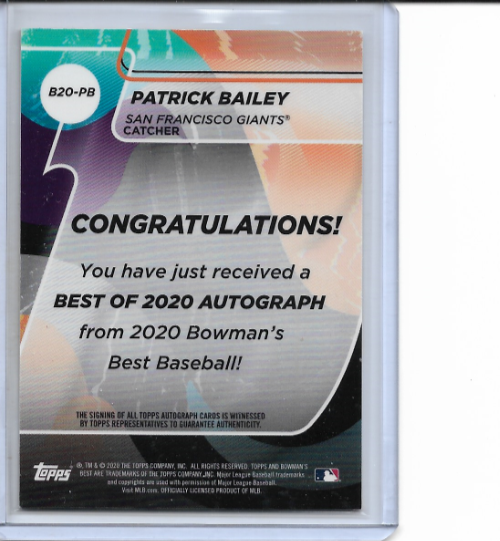 2020 Bowman's Best Patrick Bailey Prospect Autograph #B20-PB NM | eBay