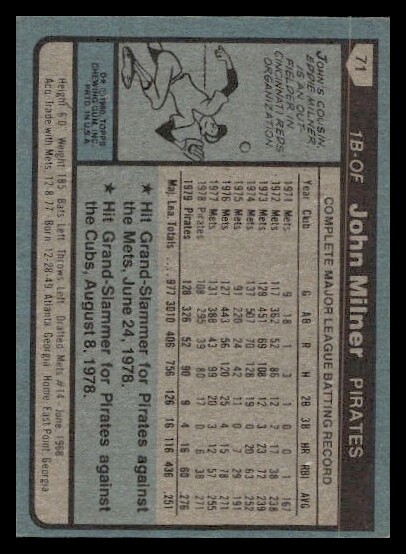 1980 Topps #71 John Milner Pittsburgh Pirates Baseball card | eBay