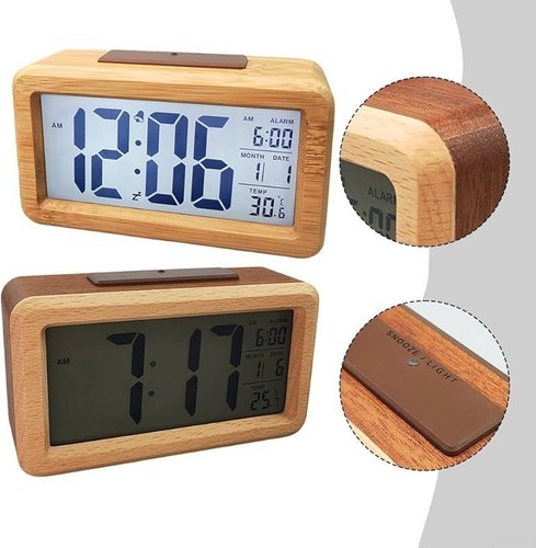 Digital Alarm Clock, Wooden Bedside Clock with Large LCD Backlit ...