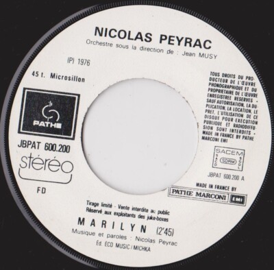 NICOLAS PEYRAC MARILYN / VOILA MA VIE, MARIA FRENCH 45 SINGLE PROMO ...