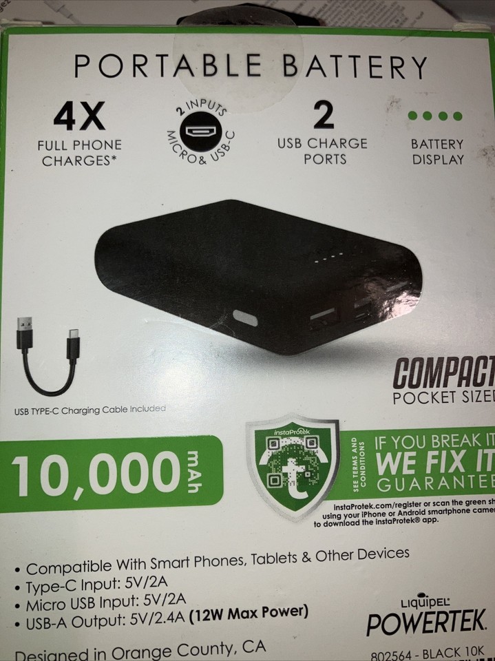 New Powertek Compact Portable Charger - Battery Bank 10,000 mAh Mico ...