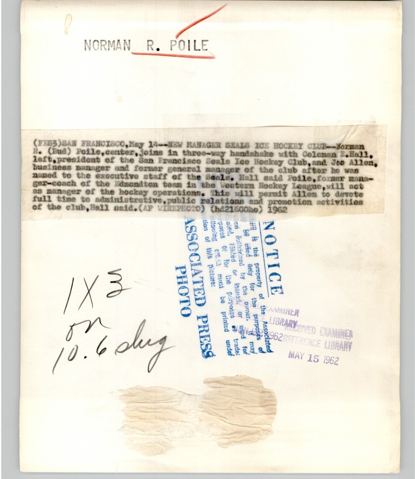 HOCKEY Seals Manager BUD POILE San Francisco Deals VINTAGE 1962 Press ...