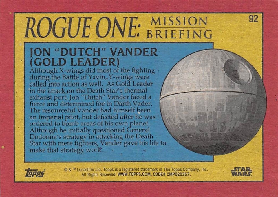 2016 Topps Star Wars Rogue One Mission Briefing BLUE #92 Dutch Vander ...