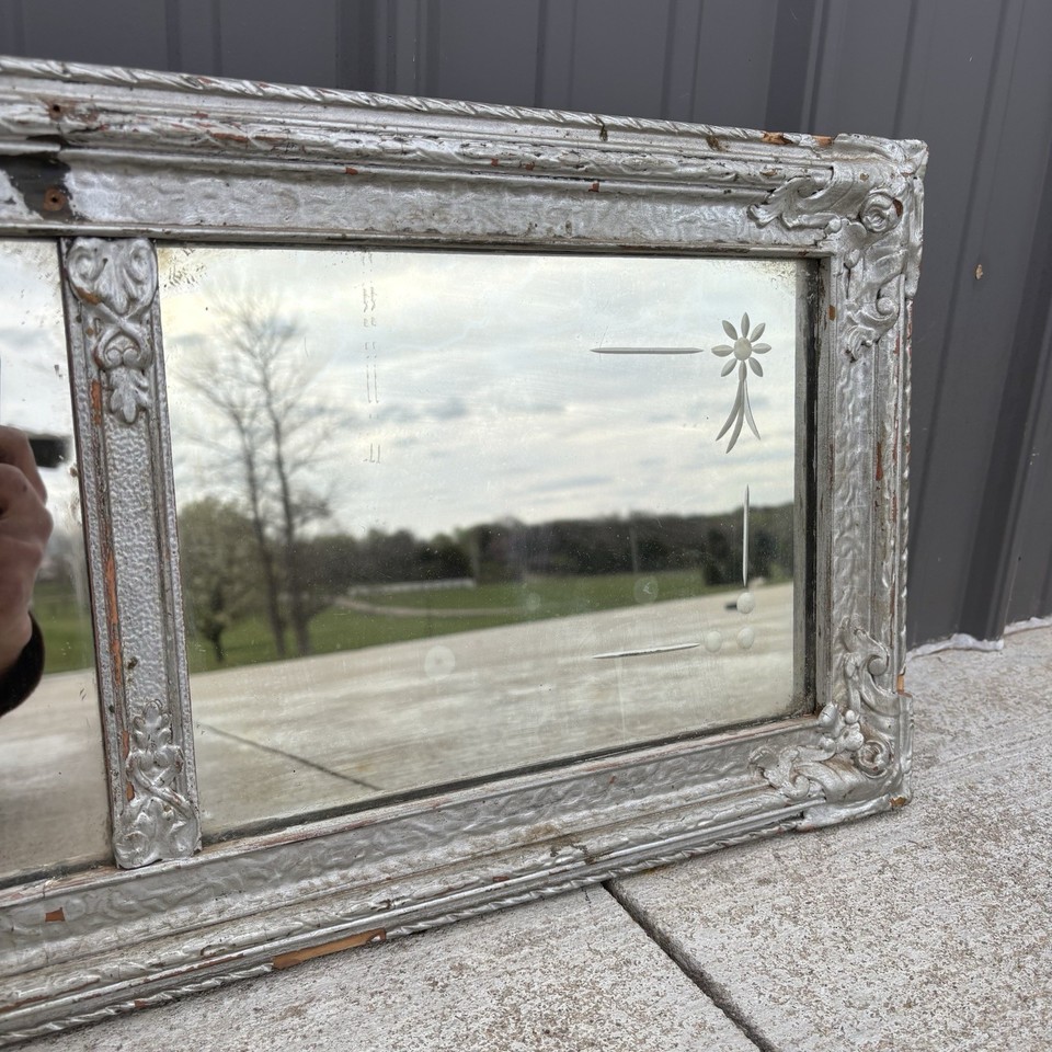 Antique 3 Tri Panel Etched Glass Mirror Ornate Wood Gesso Frame 48x17 ...