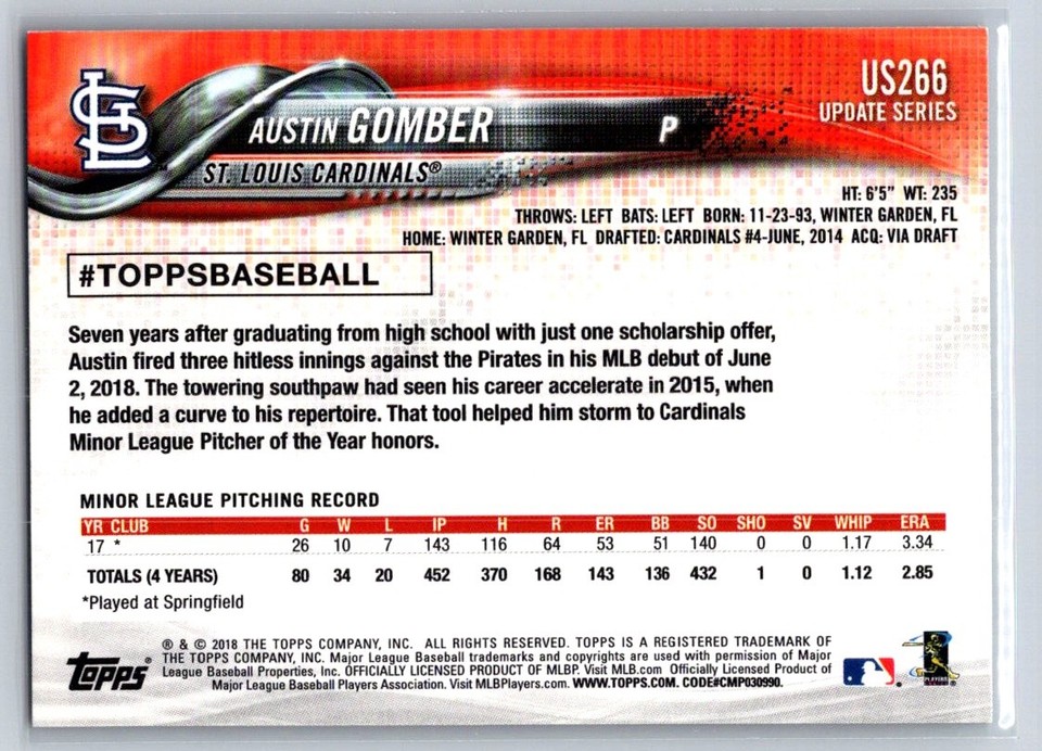 Austin Gomber 2018 Topps Update St. Louis Cardinals US266 RC | eBay