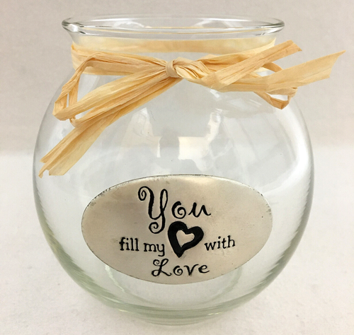 GANZ Rose Bowl You Fill My Heart With Love Metal Plaque Vase Glass ...