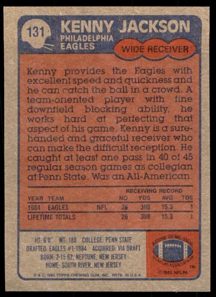1985 TOPPS. KENNY JACKSON . PHILADELPHIA EAGLES #131 | eBay