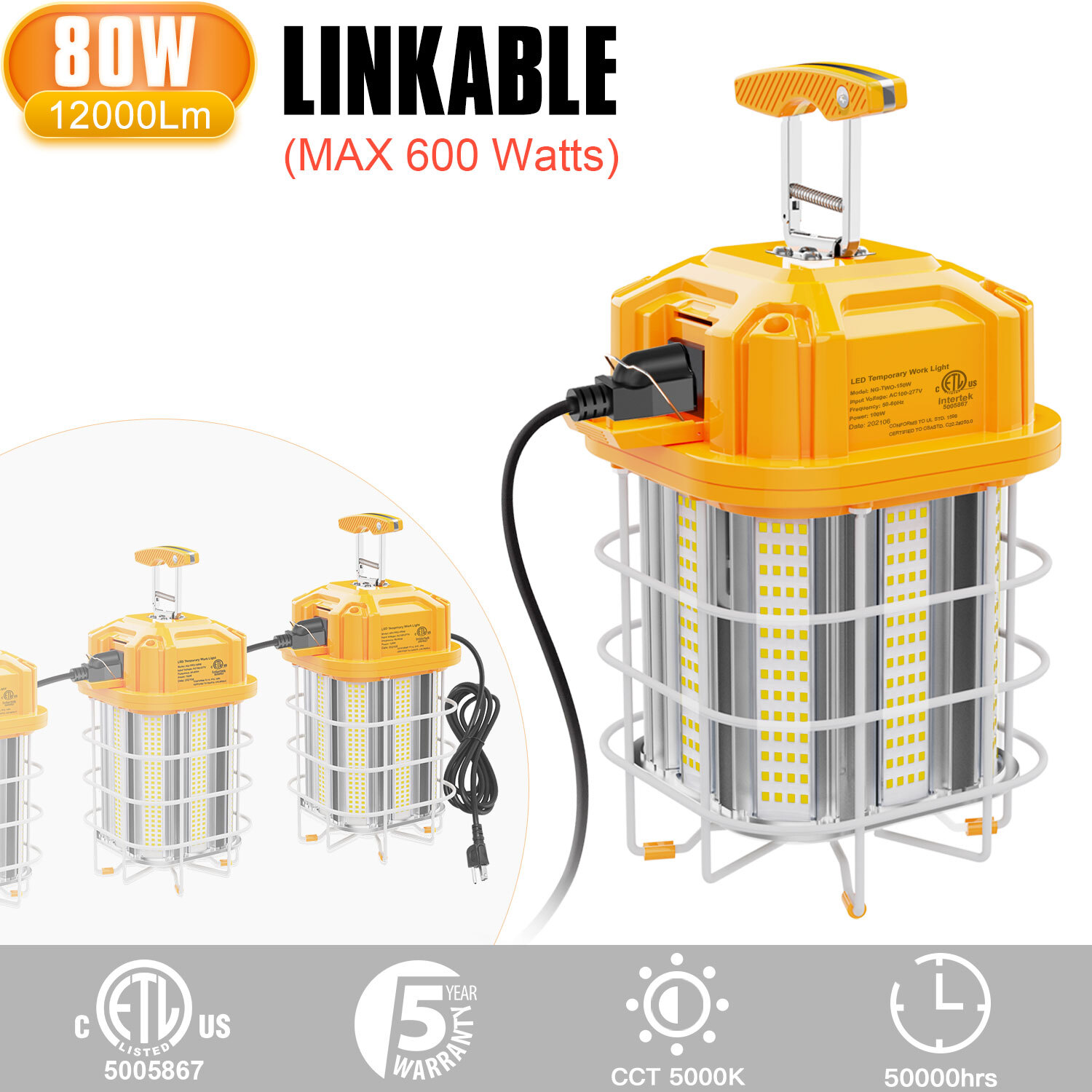 Portable LED Temporary Work Light 80W Linkable Construction Jobsite ...