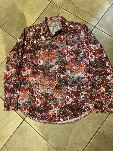 ROBERT GRAHAM BLOOD ROSE COTTON SHIRT RED ROSE 3D EMBROIDERY SZ MEDIUM ...