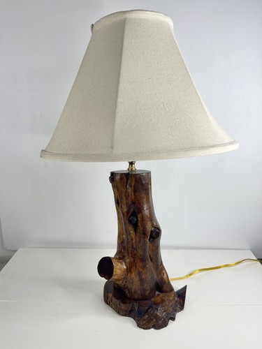 Wood Log Table Lamp Handmade Rustic Cabin Natural Live Edge w Linen ...