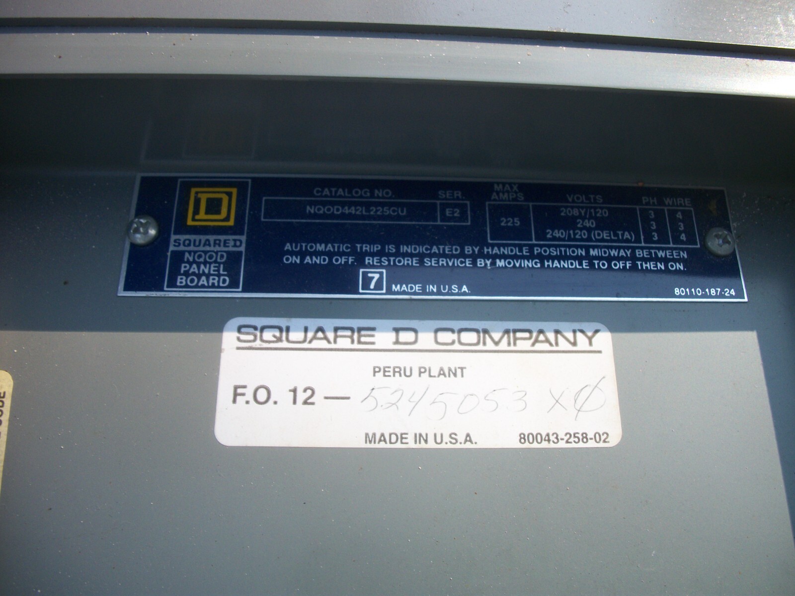 SQUARE D NQOD PANELBOARD NQOD442L225CU 225AMP 208Y/120/240VOLT 3PH W ...