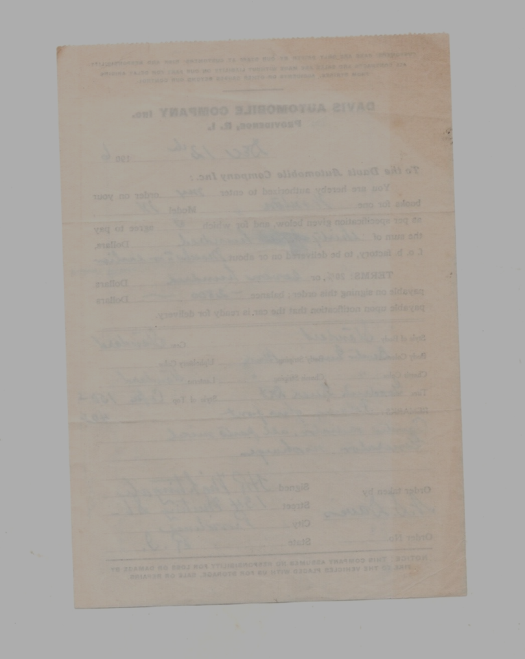 WINTON MODEL M AUTOMOBILE PURCHASE DOCUMENT 1906,FROM DAVIS AUTO. CO ...