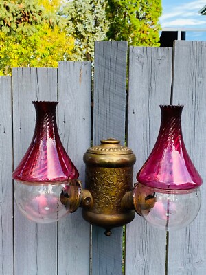 Antique ANGLE LAMP Ruby Red Swirl Cranberry Glass Kerosene Oil Wall ...