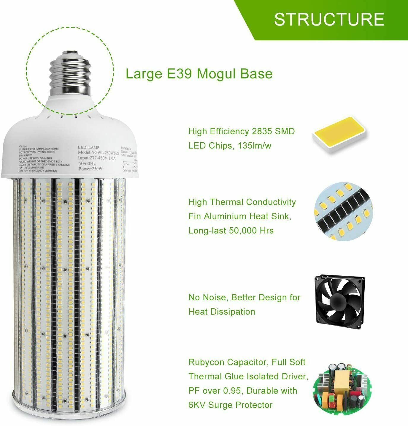 480V LED Corn Bulb 250W Garage Cob Light 28000LM E39 Mogul Base 6000K ...