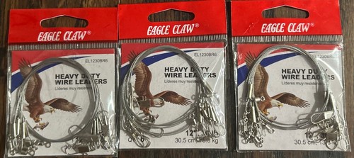 Lot of 3 Eagle Claw Heavy Duty Wire Leaders Size 12" 30 Lb. 6 Count ...
