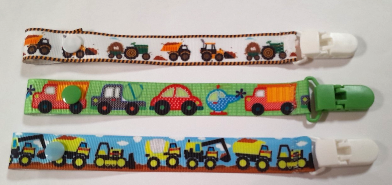 3 x Trucks cars helicopter grosgrain ribbon plastic dummy/pacifier ...