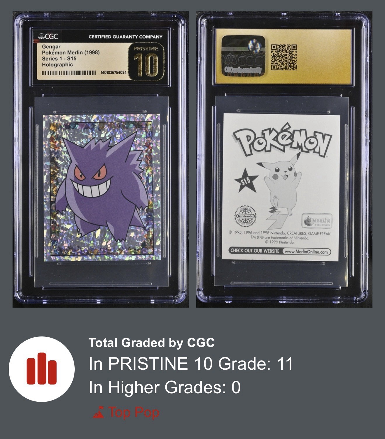 Pokémon 1998 Merlin Topps Series 1 Sticker S15 GENGAR CGC PRISTINE 10 ...