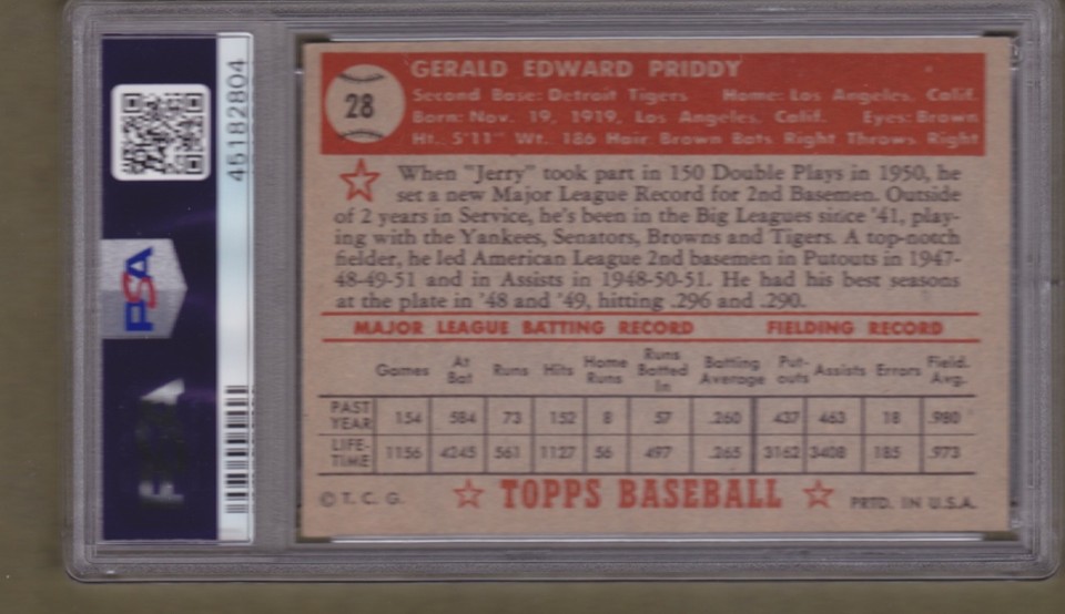 1952 Topps #28 Jerry Priddy Red Back PSA 4 Well Centered | eBay