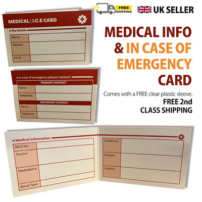 Medical Emergency Card - In Case of Emergency wallet/pocket card | eBay UK