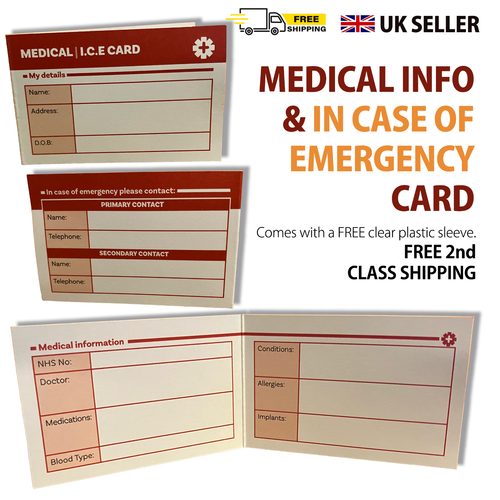 Medical Emergency Card - In Case of Emergency wallet/pocket card | eBay UK